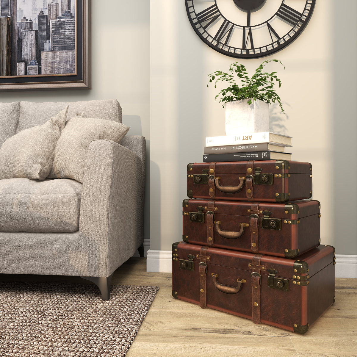 Williston Forge Marissa Faux Leather Nesting Upholstered Decorative Brown Trunk with Vintage ...